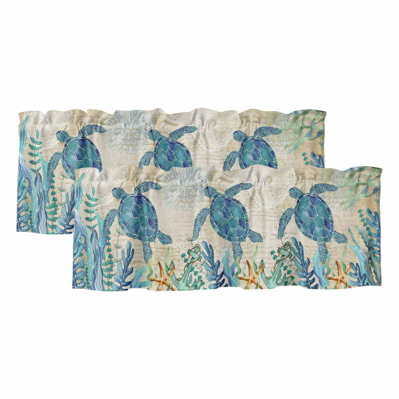 2 Pack Valances for Windows, Teal Sea Turtle Coastal Window Valances ...