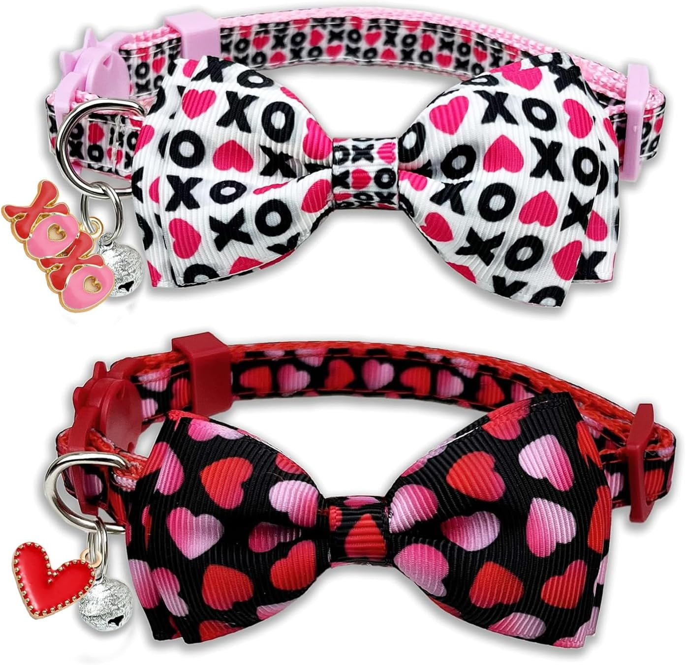 2 Pack Valentine Cat Collar with Bow Tie, and Charms Holiday Heart XOXO ...