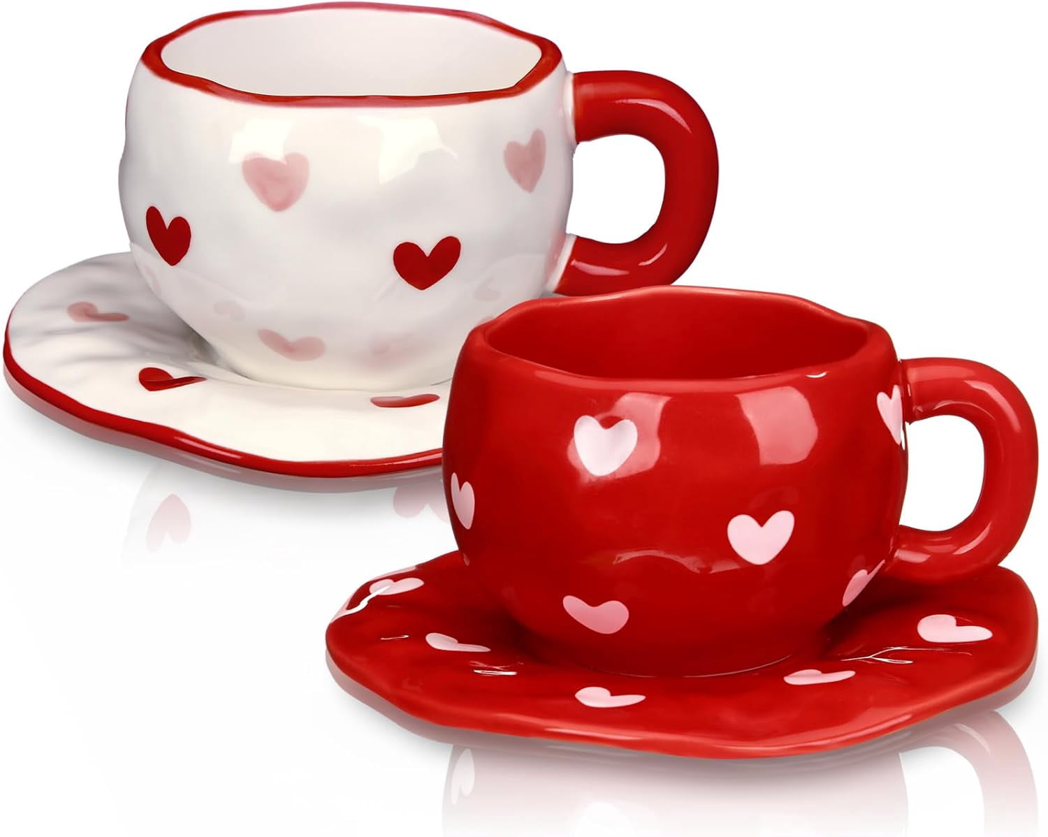2 Pack Valentine's Day Ceramic Coffee Mug with Saucer Set, 12oz Cute ...
