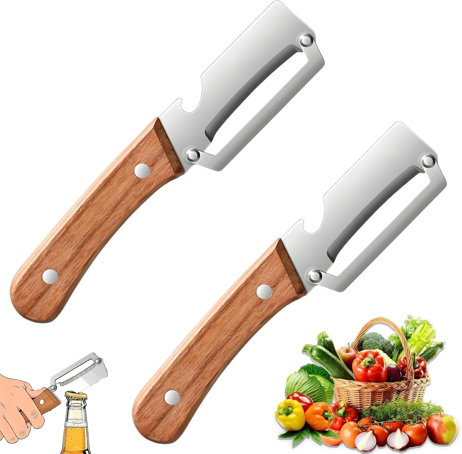 2-Pack Vegetable Peeler with Wooden Handle & Bottle Opener, Multi ...