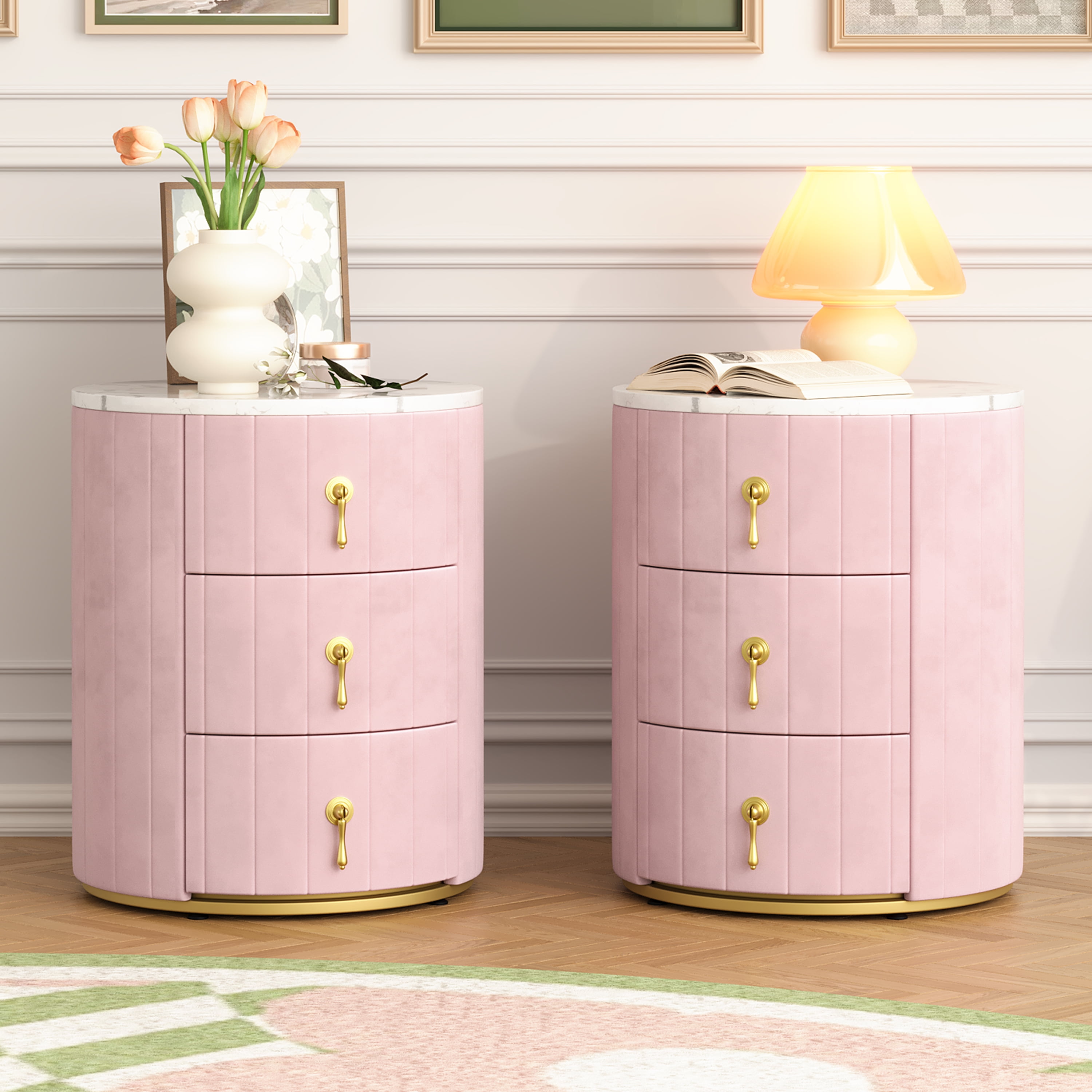 2-Pack Velvet Nightstands – Round Marble-Top Bedside Tables with 3 ...