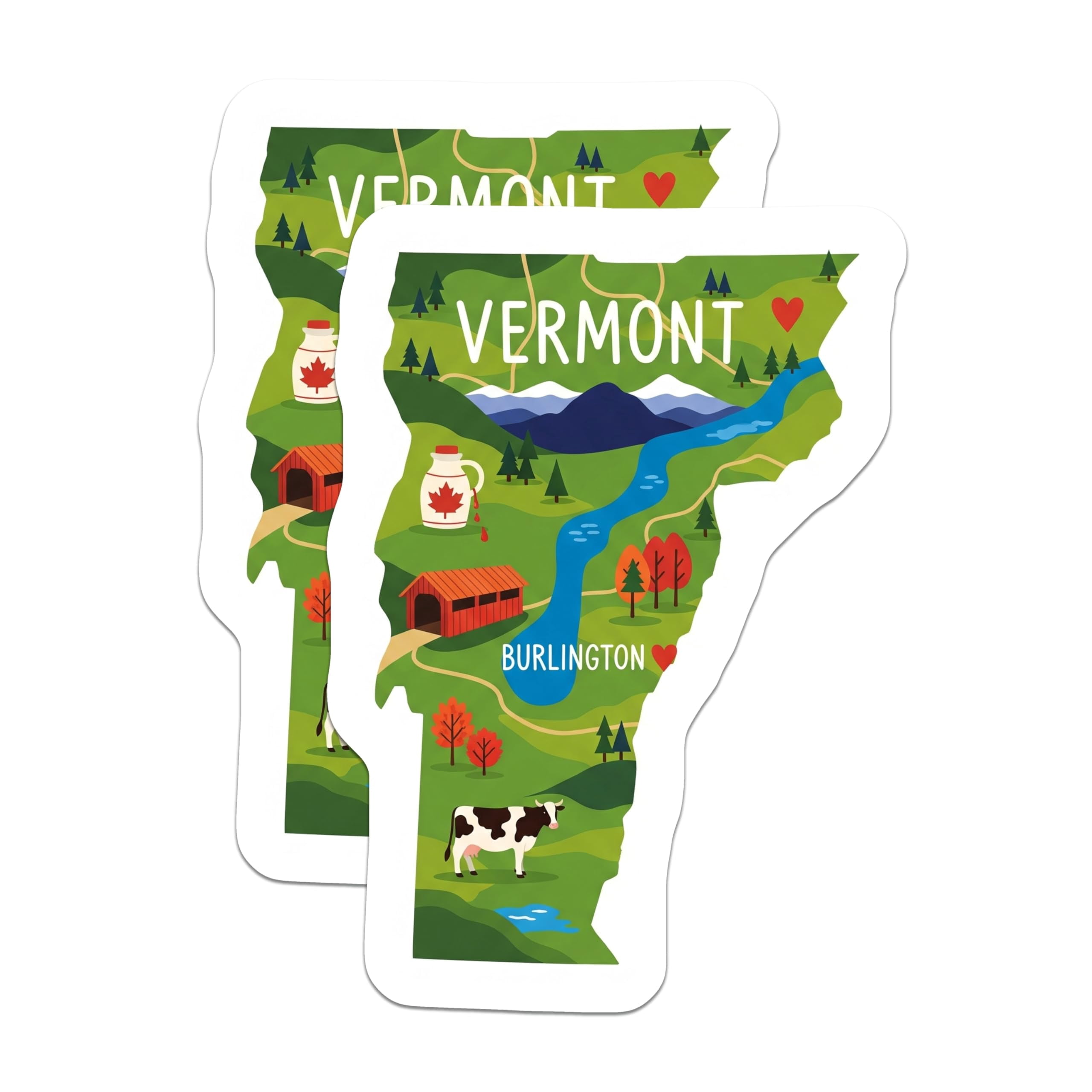 (2 Pack) Vermont Stickers - State Map - Burlington - Cow - Maple Syrup ...