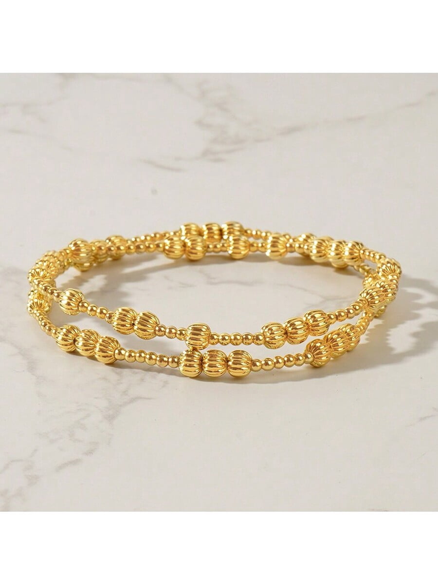 2-Pack Vintage Beaded Stretch Bracelet Set - Gold Tone, Stackable ...