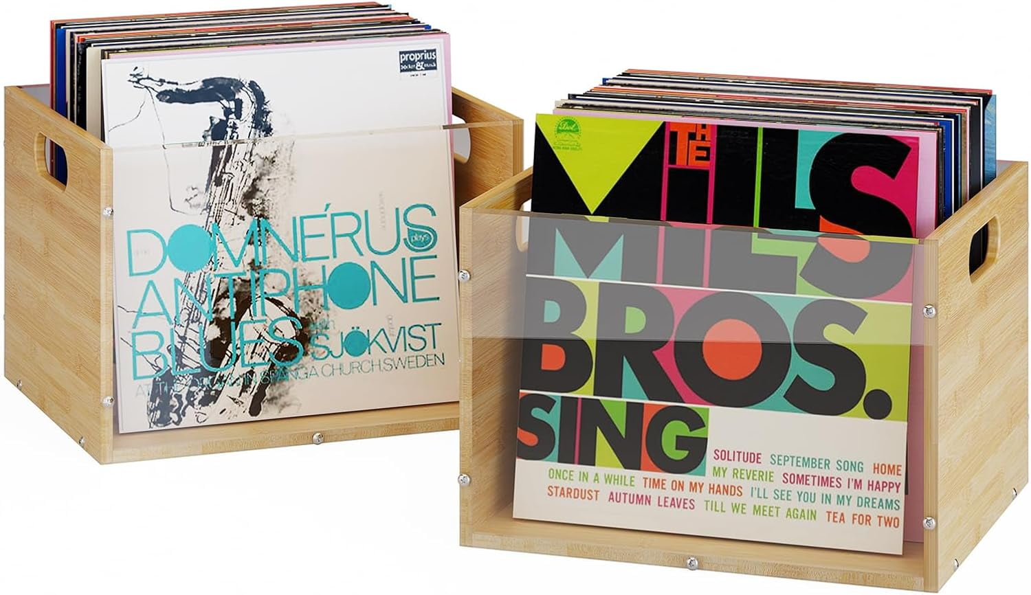2-Pack Vinyl Record Storage Box Crate, Bamboo & Visible Acrylic Vinyl ...