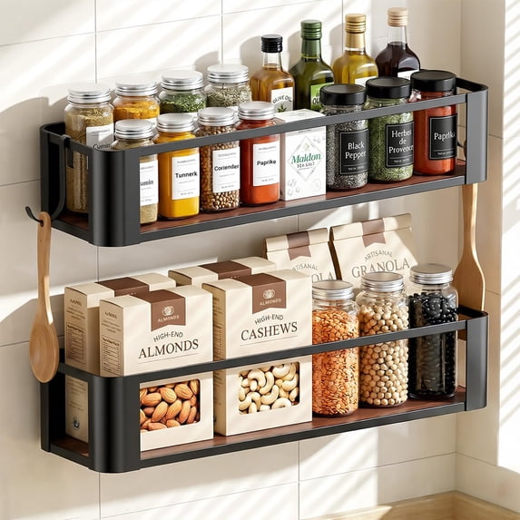 2 Pack WALL mOUNTED sPICE rACK WITH 2 hOOKS, sPICE oRGANIZER sHELF FOR ...