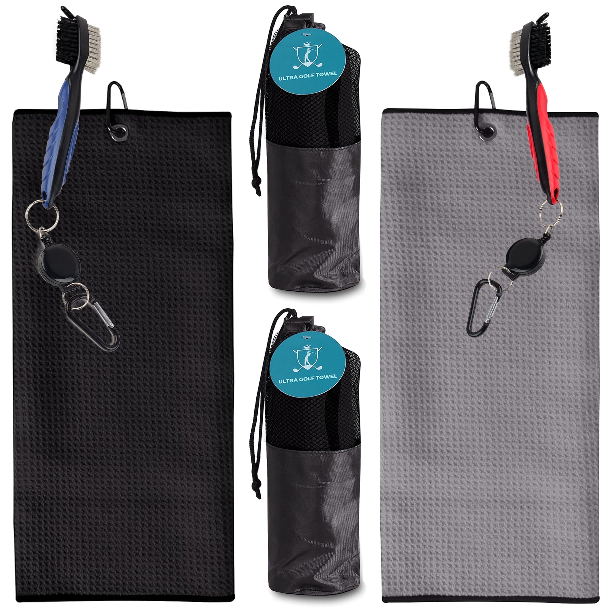 2-Pack Waffle Microfiber Golf Towel and Brush Tool Sets, Bagged Tri ...