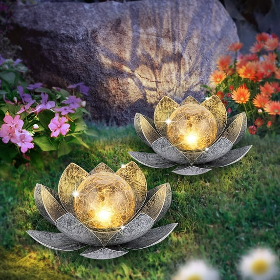 Waitmin Outdoor Solar Garden Crackle Globe Lights with LED Flower ...