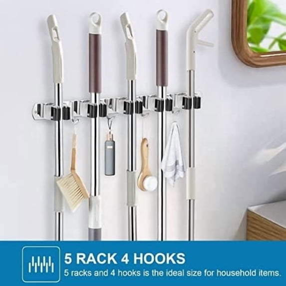 2 Pack Wall Mount Broom Holder Stainless Steel 5 Racks with 4 Hooks ...