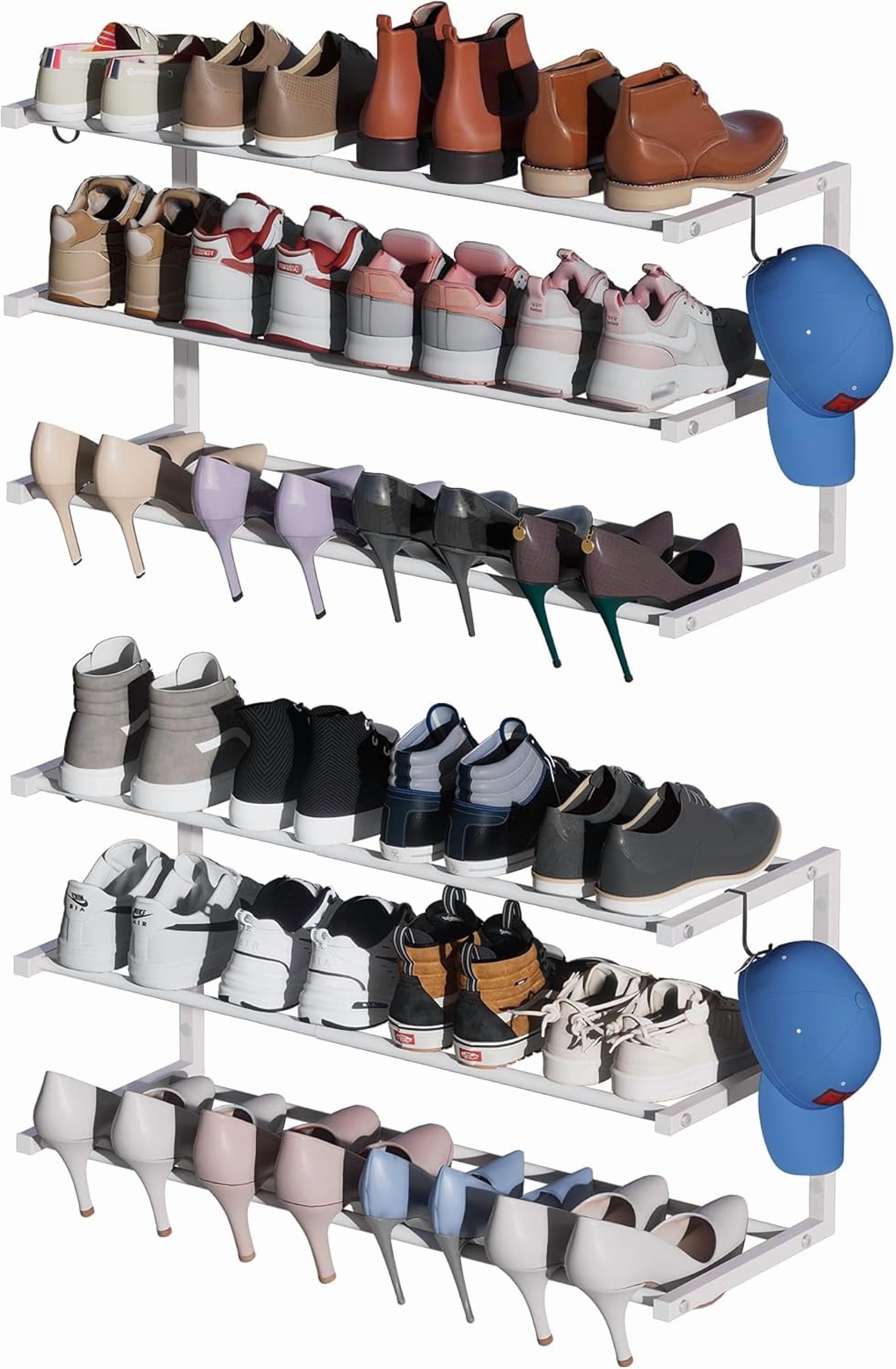 2-Pack Wall-Mounted 3-Tier Shoe Rack with 4 Hooks, Adjustable 17"–30 ...