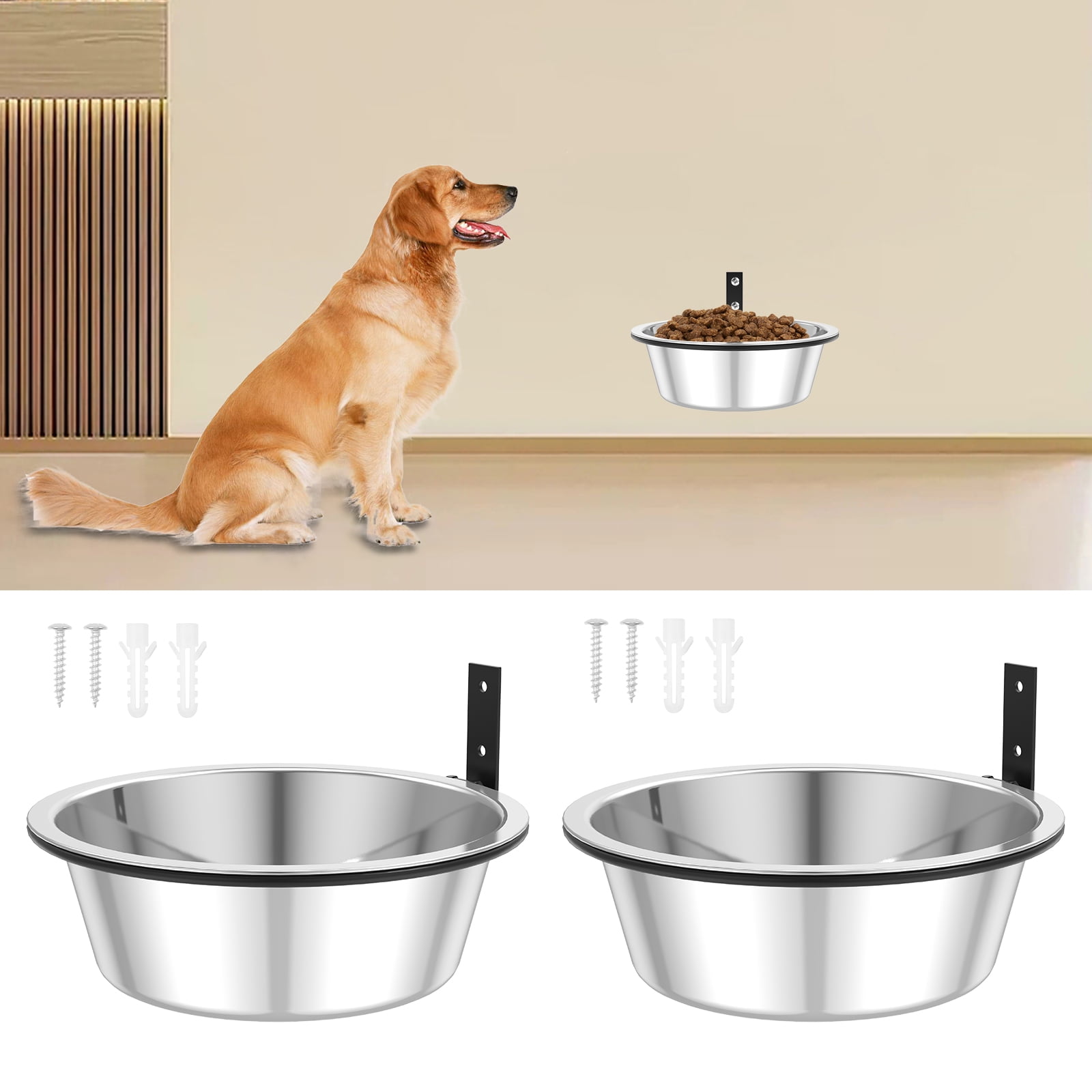 2 Pack Wall Mounted Dog Bowl Foldable Stainless Steel Raised Dog Food ...
