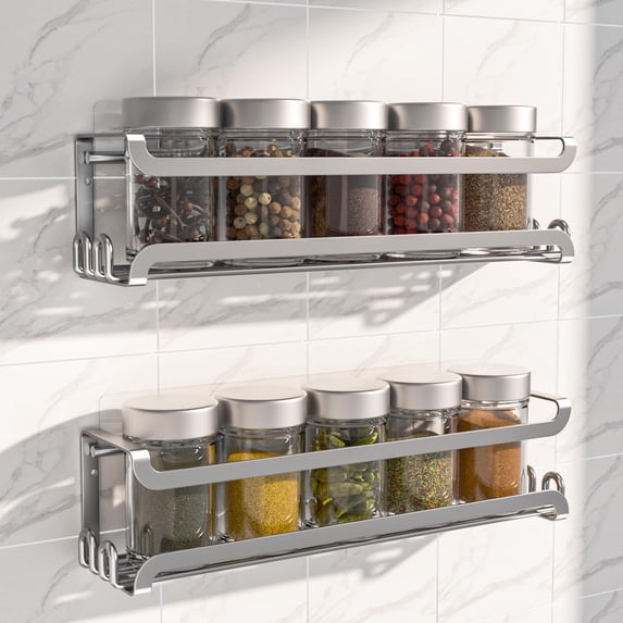 2 Pack Wall Mounted Spice Rack with 8 Hooks, Kitchen Spice Organizer ...