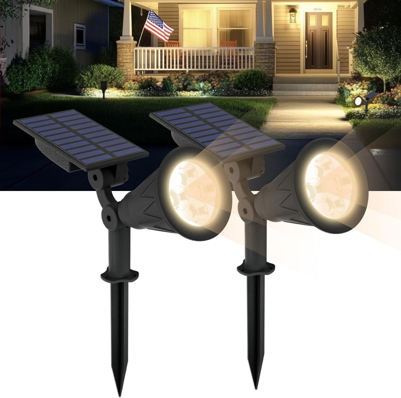 2-Pack Warm White Solar Spotlights 180-Degree Adjustable Angle Outdoor ...