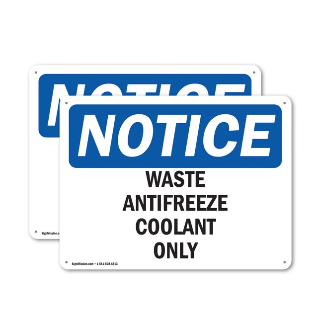 (2 Pack) Waste Antifreeze Coolant Only OSHA Notice Sign 14 Inch X 10 ...