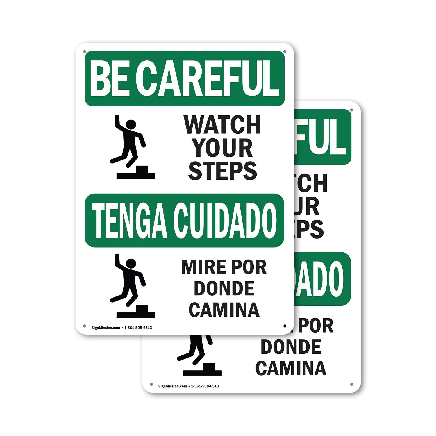 (2 Pack) Watch Your Step With Symbol Bilingual OSHA Be Careful Sign 18 ...
