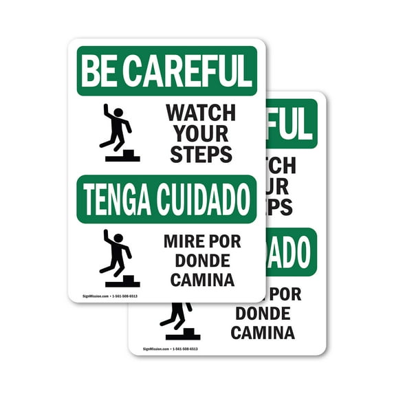 (2 Pack) Watch Your Step With Symbol Bilingual OSHA Be Careful Sign ...