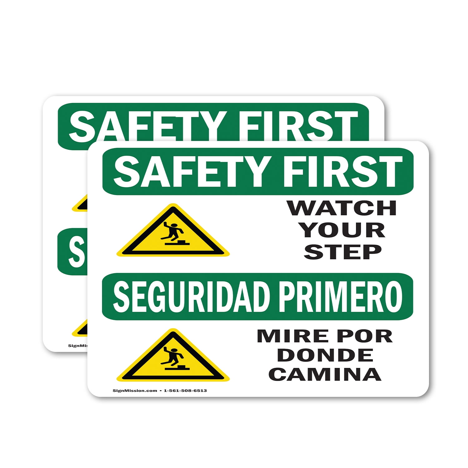 (2 Pack) Watch Your Step With Symbol Bilingual OSHA Safety First Sign ...