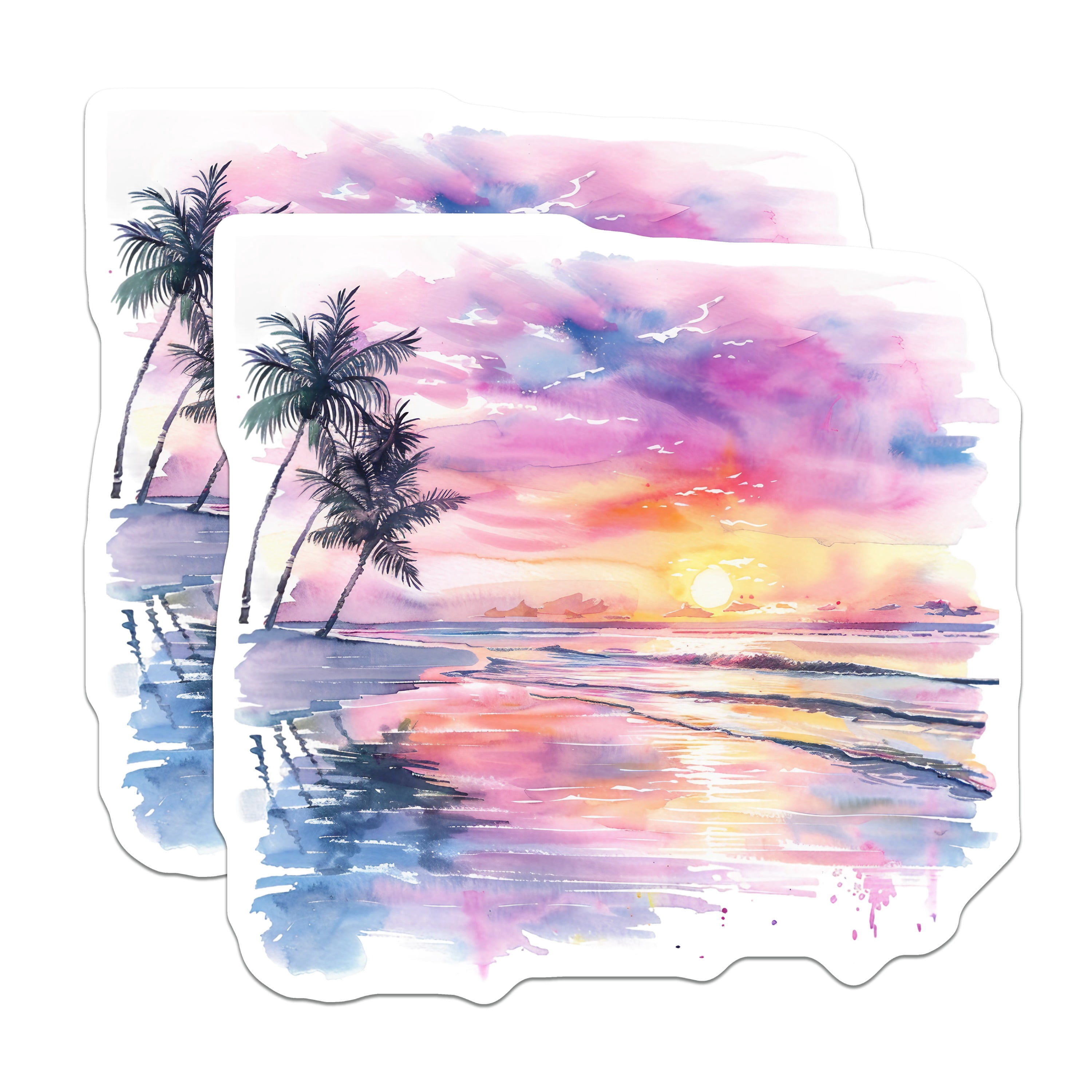 (2 Pack) Watercolor Beach Sunset Stickers - Tropical Palm Tree Ocean ...