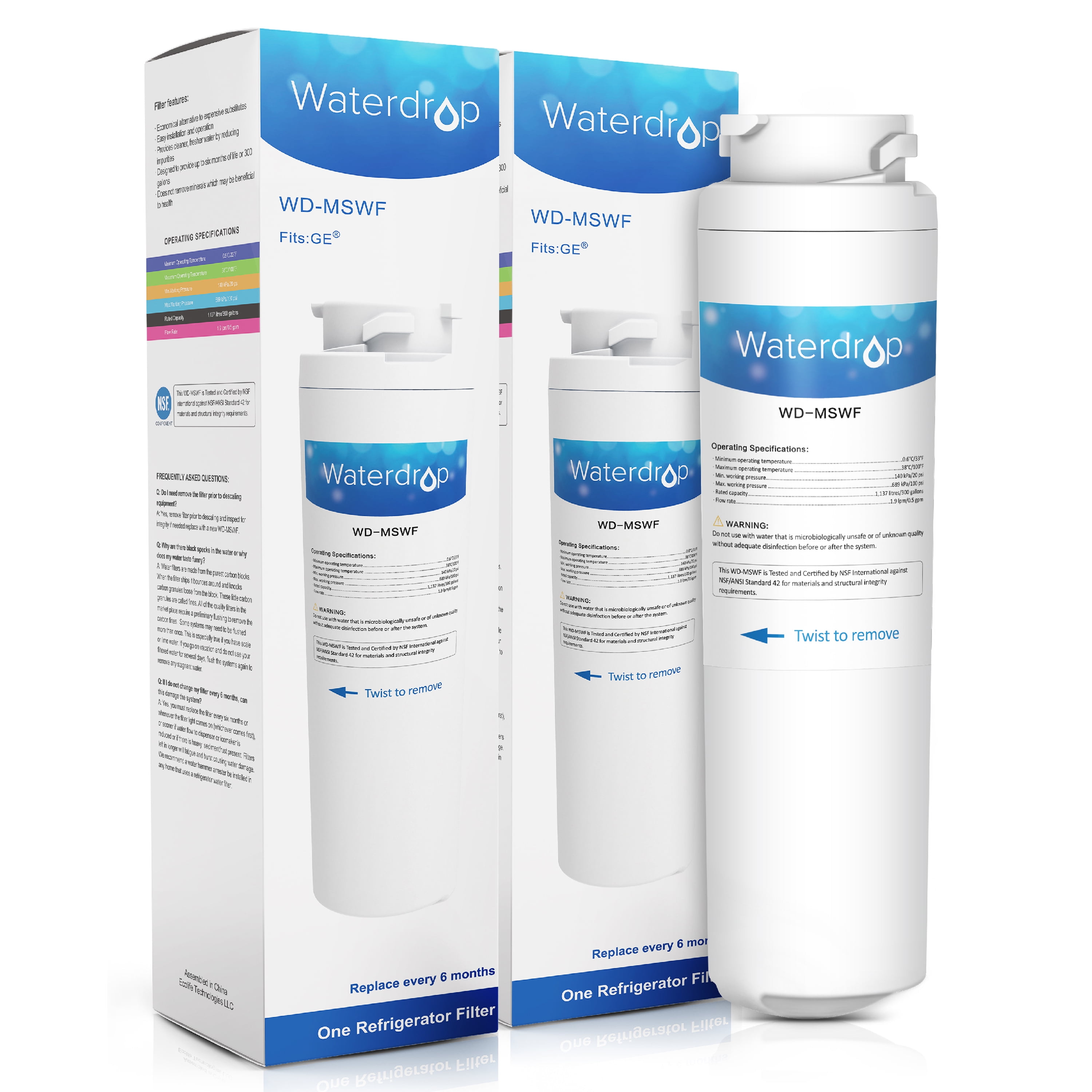 2 Pack Waterdrop MSWF Replacement for GE MSWF Refrigerator Water Filter ...