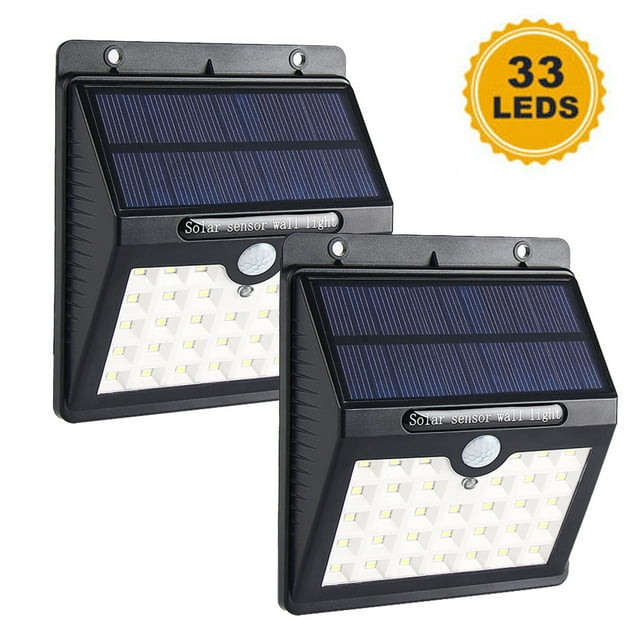 2 Pack Waterproof 33 LED Solar Powered PIR Motion Sensor Wall Light with 3 Intelligient Modes ...