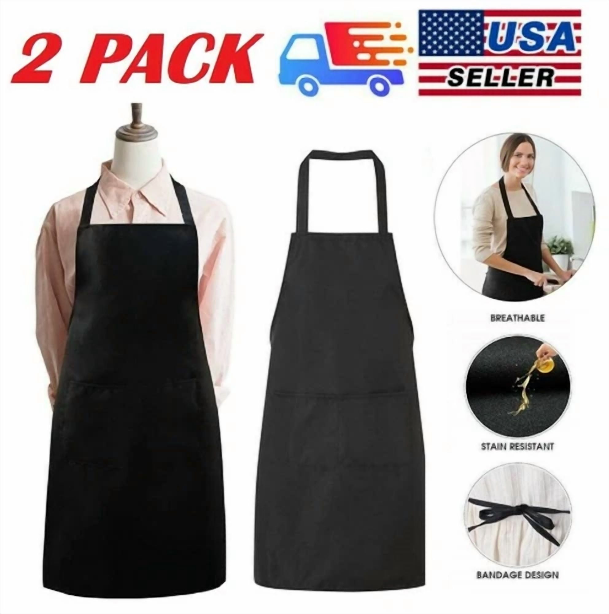 2 Pack Waterproof Chef Apron Black Catering Cooking Kitchen Butcher ...