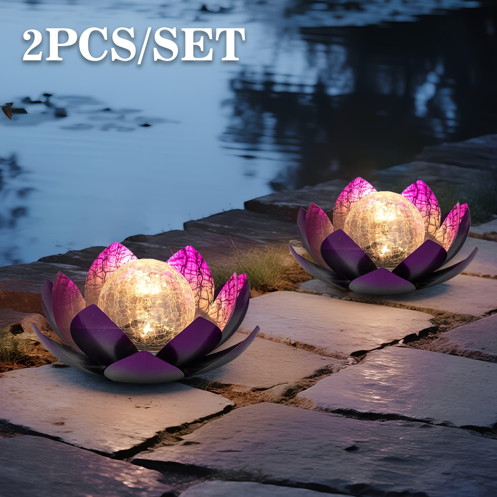 2-Pack Waterproof Solar Glass Lotus Lantern - Handcrafted for Indoor ...