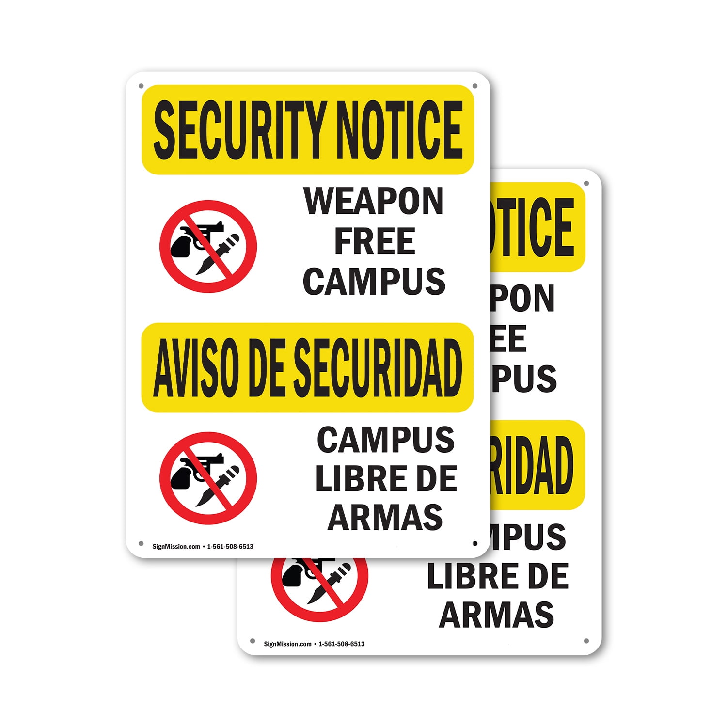 (2 Pack) Weapon Free Campus Bilingual OSHA Security Notice Sign 10 Inch ...