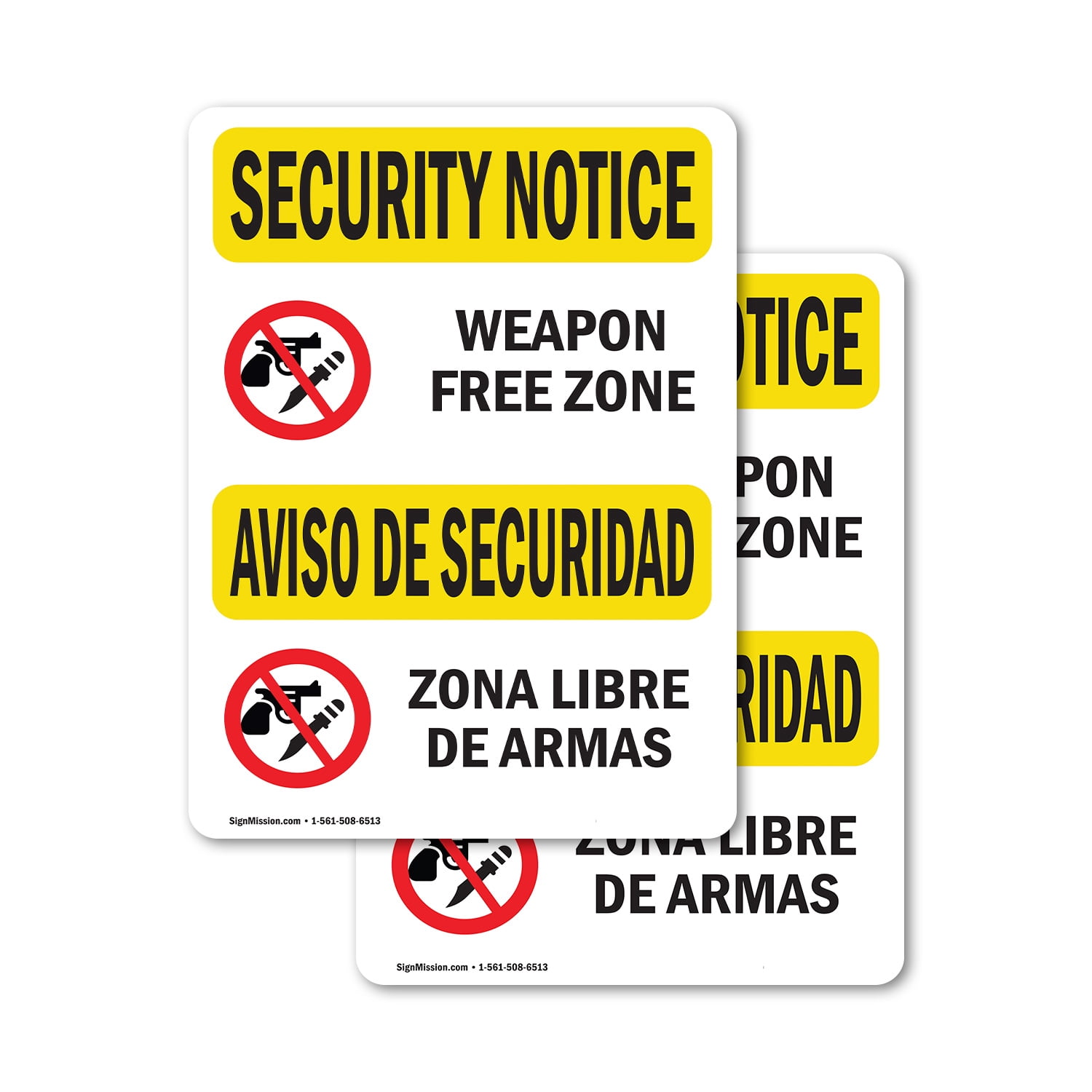 (2 Pack) Weapon Free Zone Bilingual OSHA Security Notice Sign 7 Inch X ...