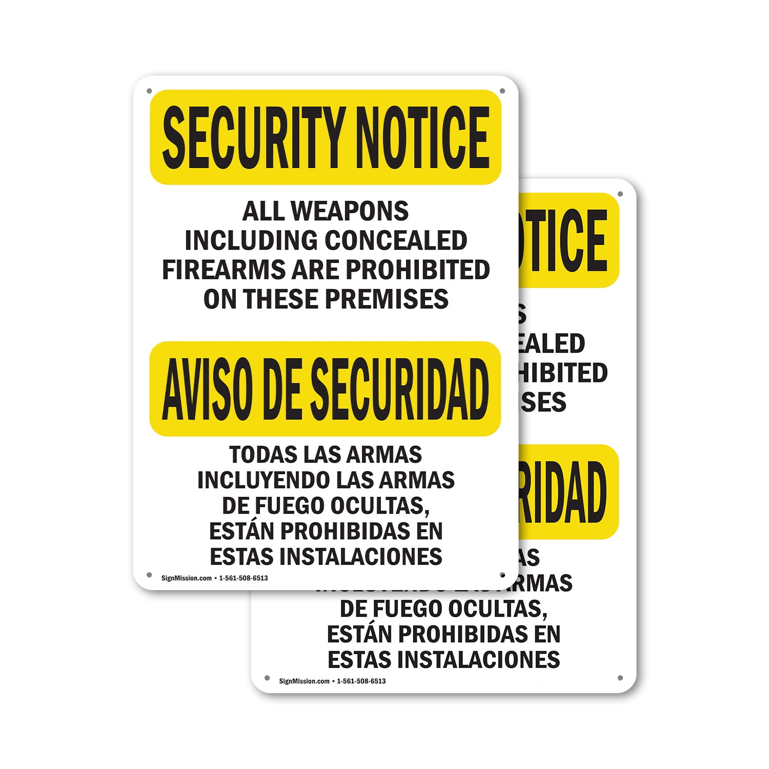 (2 Pack) All Weapons Prohibited Bilingual OSHA Security Notice Sign 7 ...