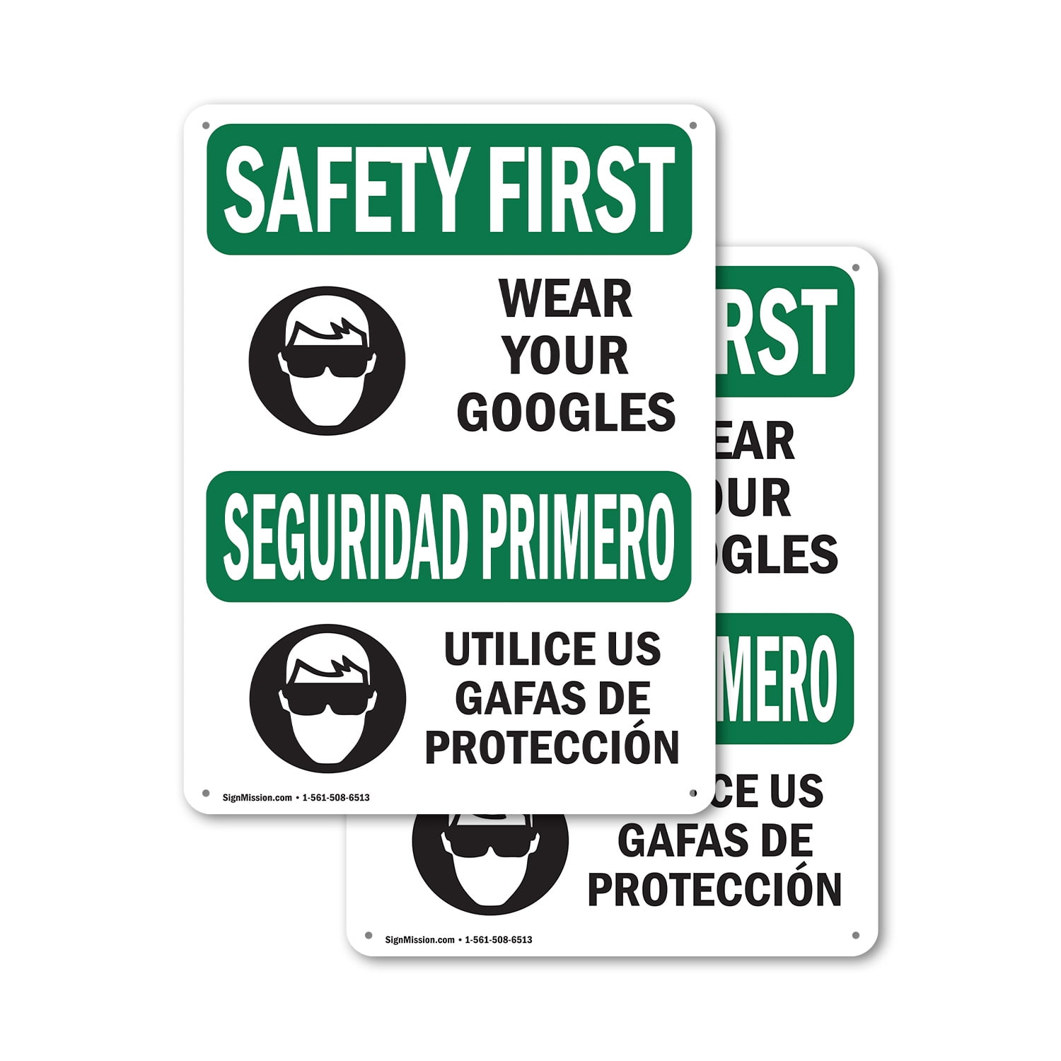 (2 Pack) Wear Your Goggles Bilingual OSHA Safety First Sign 10 Inch X ...