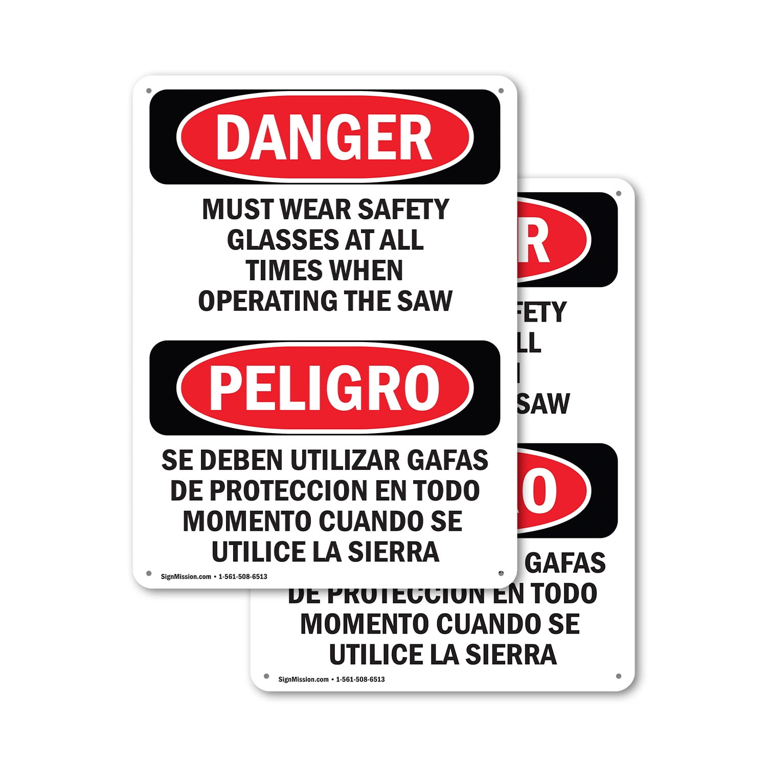 (2 Pack) Wear Safety Glasses When Operating Bilingual OSHA Danger Sign ...