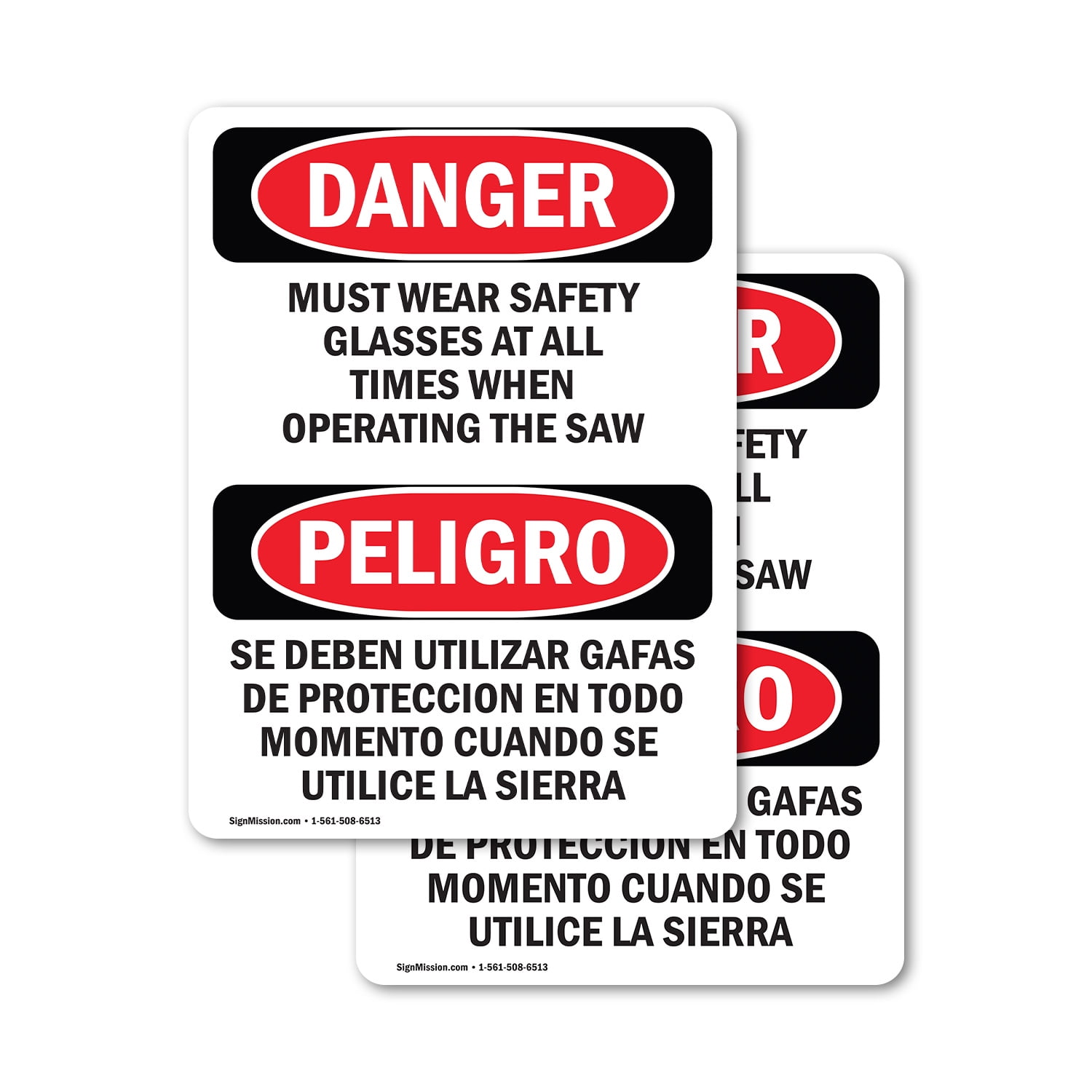 (2 Pack) Wear Safety Glasses When Operating Bilingual OSHA Danger Sign ...