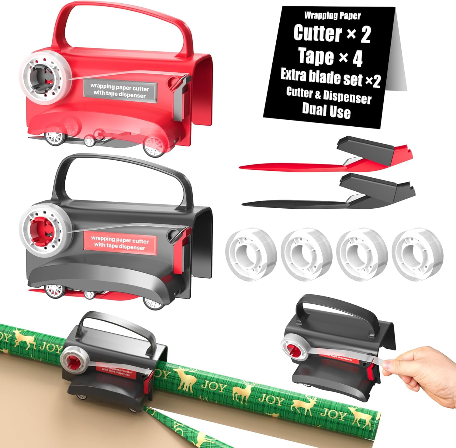 (2-Pack) Wheel Wrapping Paper Cutter & Tape Dispenser with 4 Tapes，2 ...