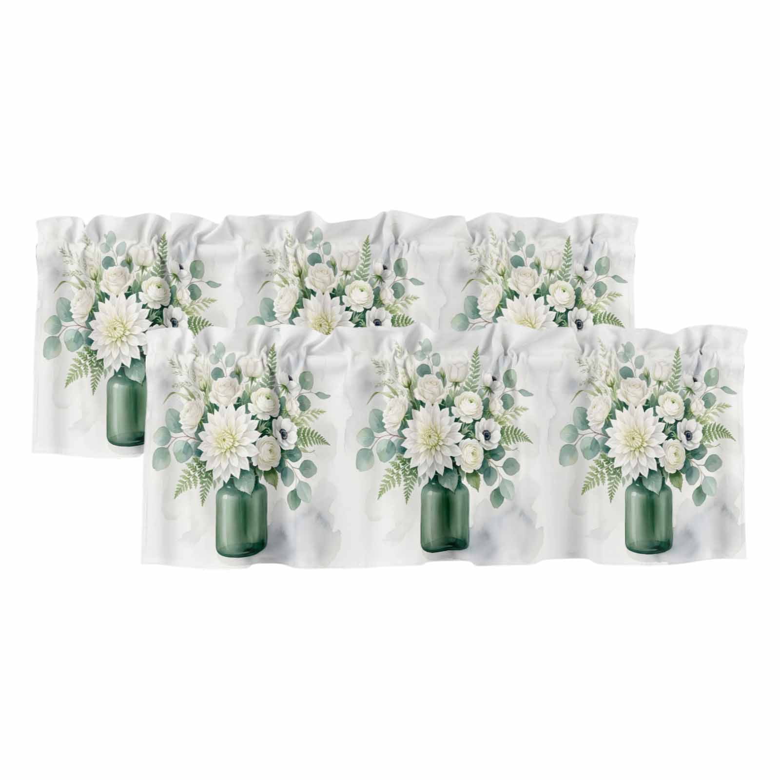 2 Pack White Dahlia Rose Flower Valance for Window Eucalyptus Leaf ...