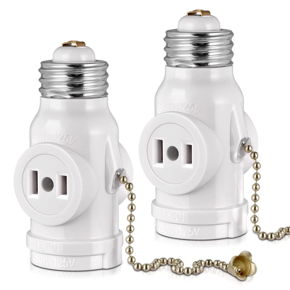2 Pack White Light Bulb Socket Outlet Adapter With Pull Chain Switch ...