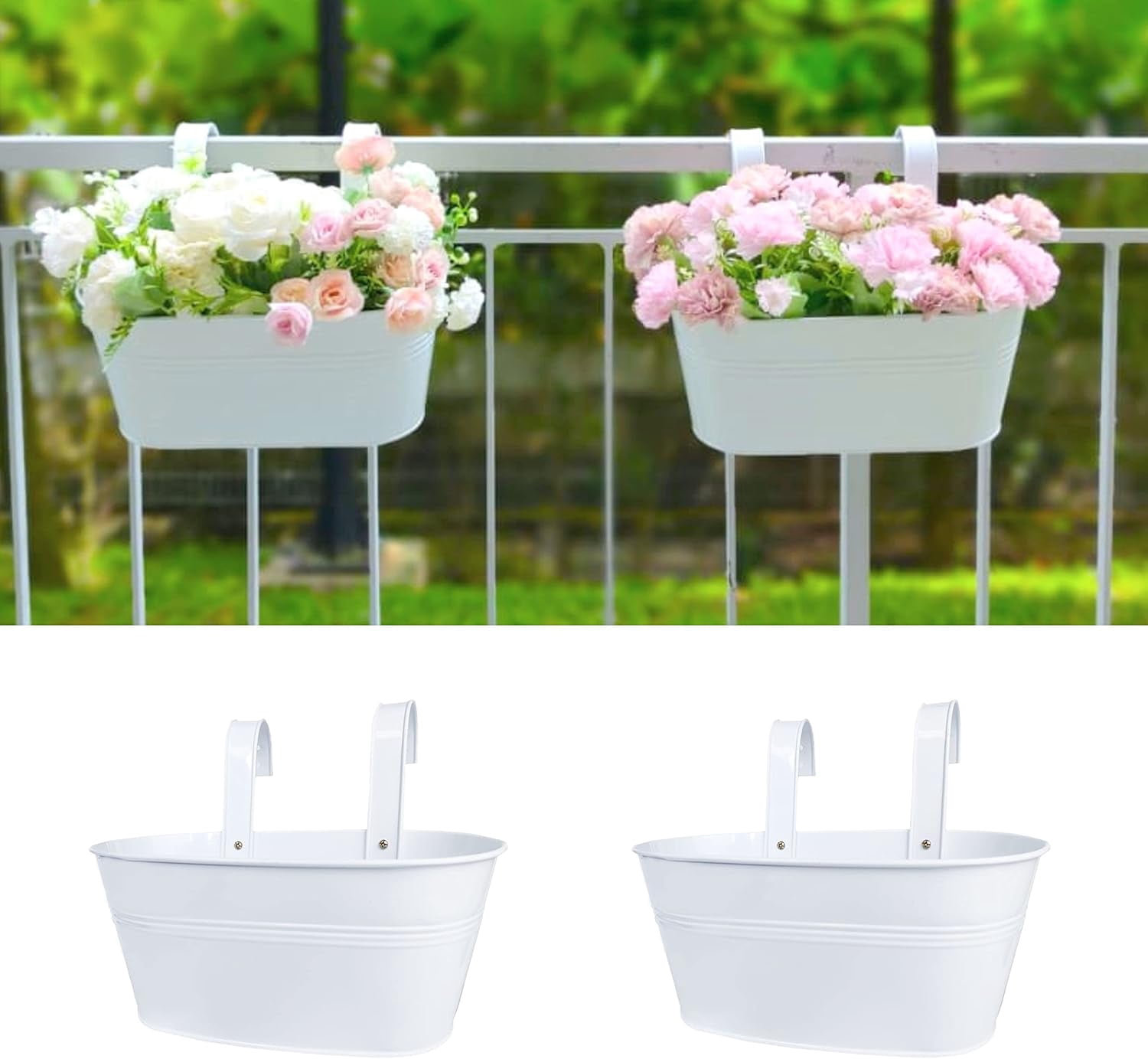 2-Pack White Metal Hanging Flower Pots – 9.8" Oval Railing Planters ...