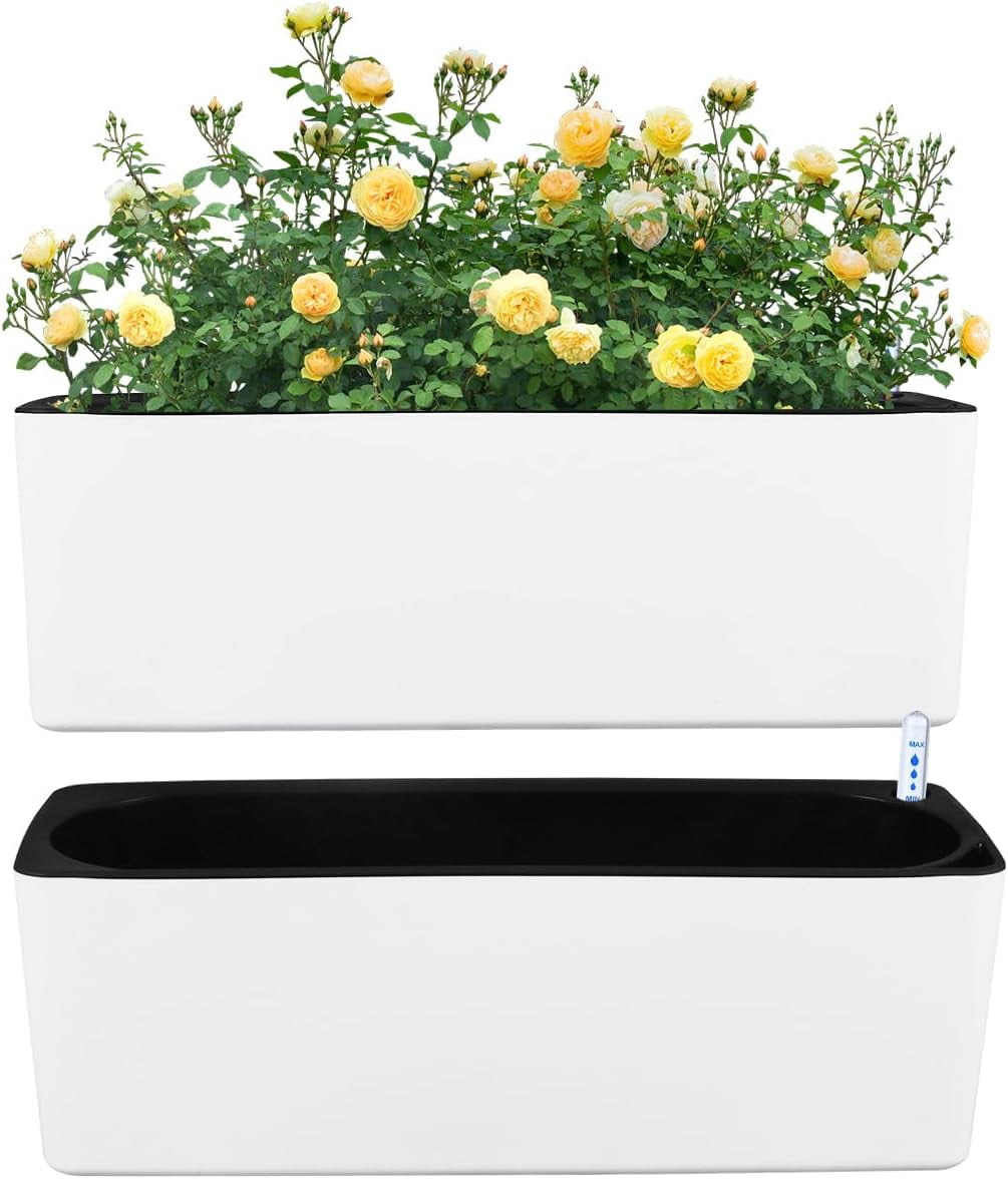 2-Pack White Rectangular Planters – 15.6” Self-Watering Window Box with ...