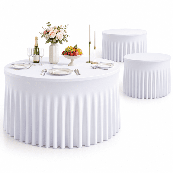 2 Pack White Round Spandex Tablecloths For 60in Tables 120inch Stretchy ...