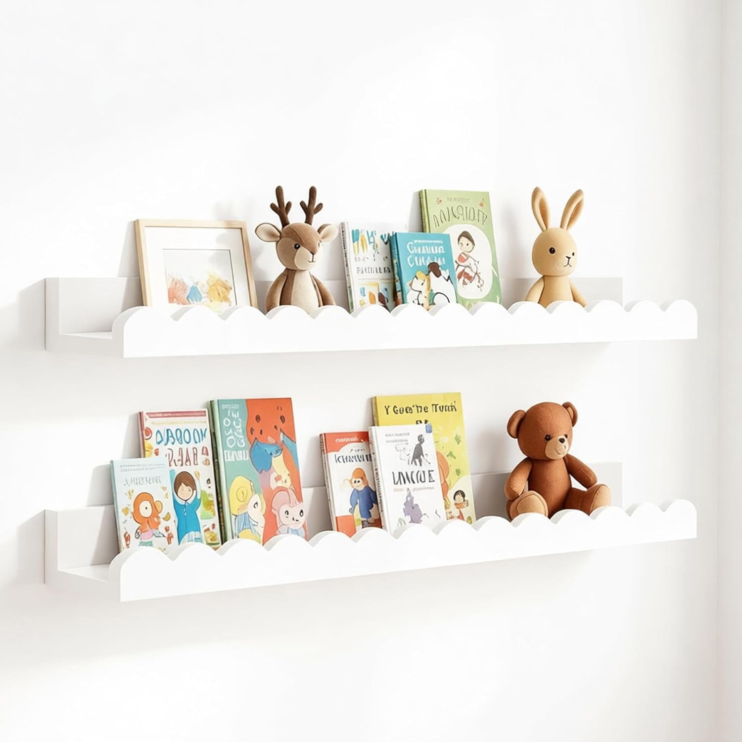 2-Pack White Scalloped Floating Shelves, Nursery Book Shelves for Wall ...
