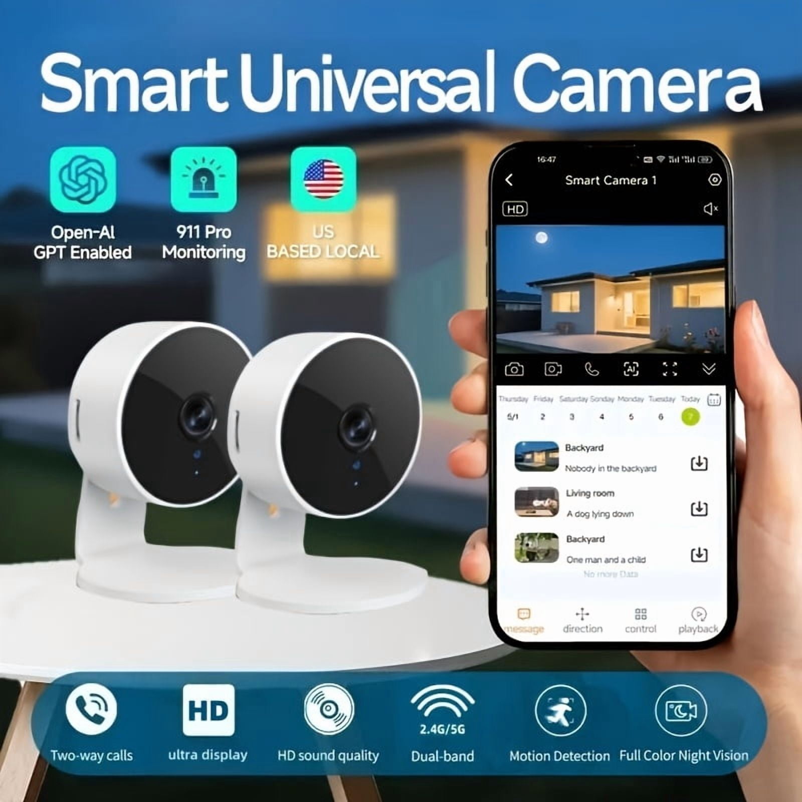 2-Pack Wi-Fi Smart Home Security Cameras with AI Detection, 911 Alert ...
