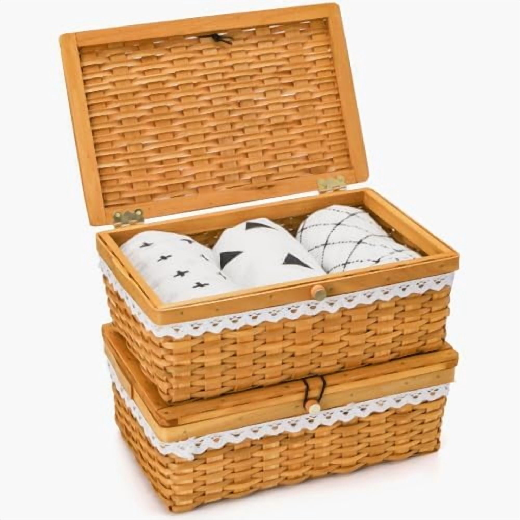 2 Pack Wicker Basket with Lid, Handwoven Rectangular Storage Boxes for ...