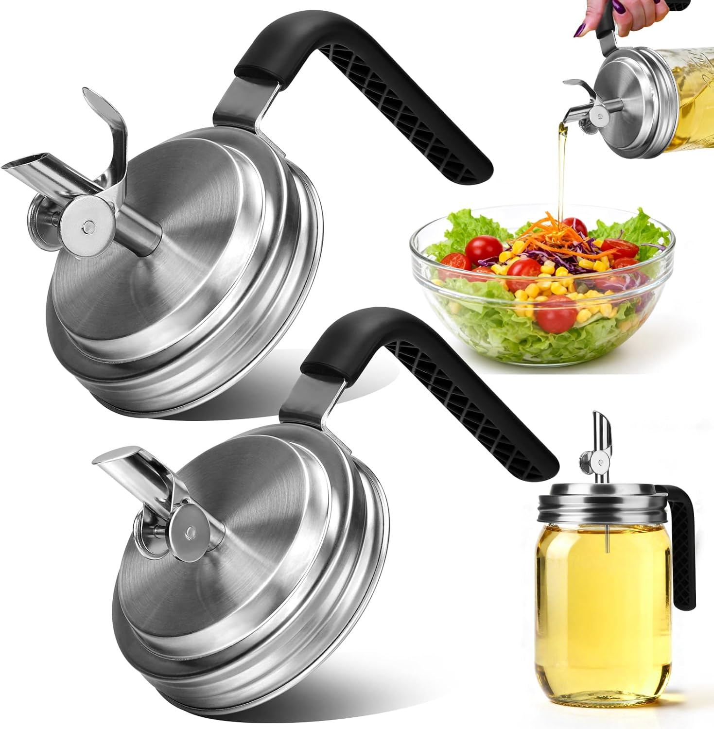 2 Pack Wide Mouth Mason Jar Pour Spout Lids with Handle – 304 Stainless ...