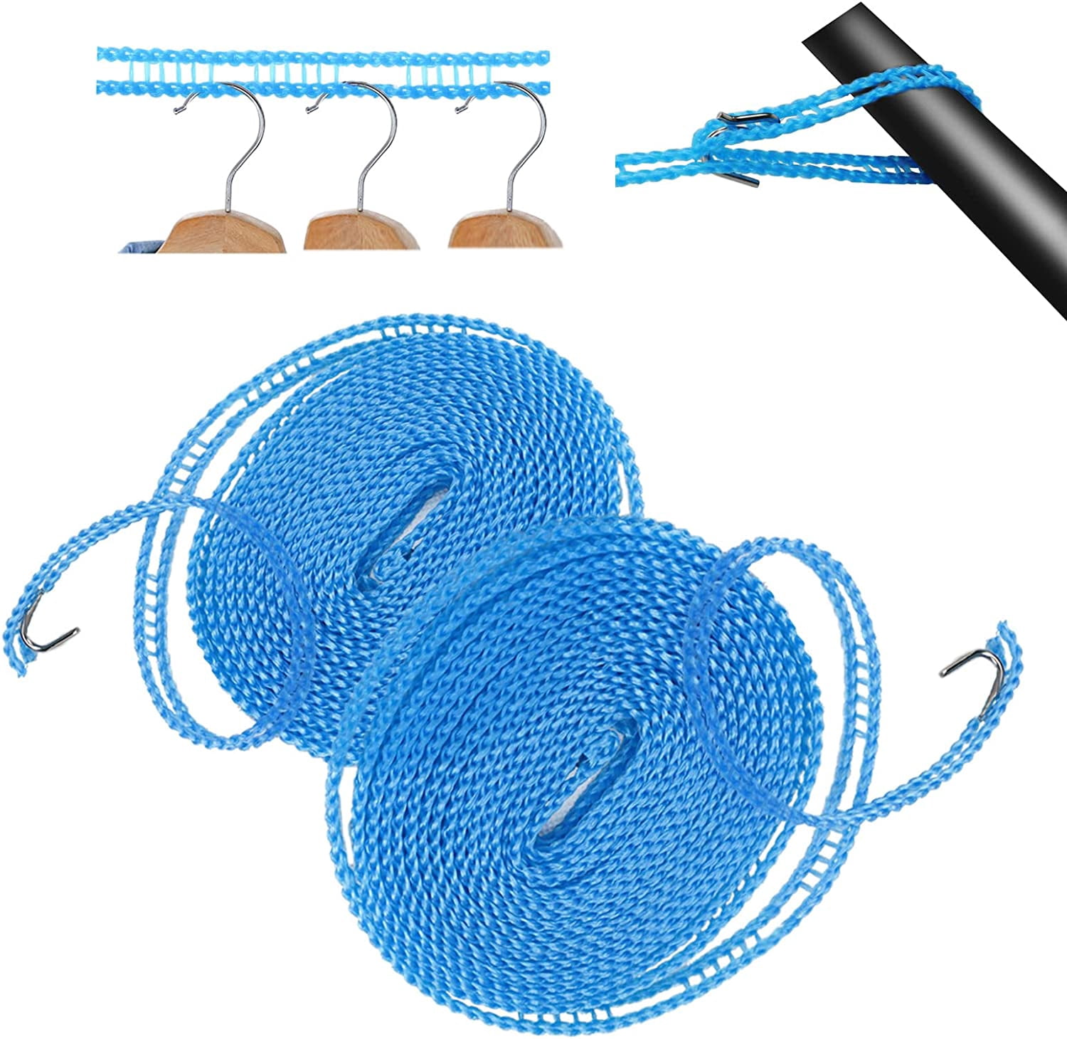 2 Pack Windproof Clothes Line with Hooks 16.4 feet Blue Nylon ...