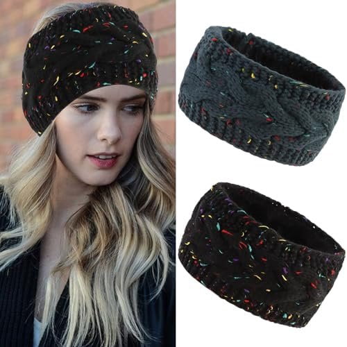 2 Pack Winter Headbands for Women Knitted Headbands Fuzzy Fleece Lined ...