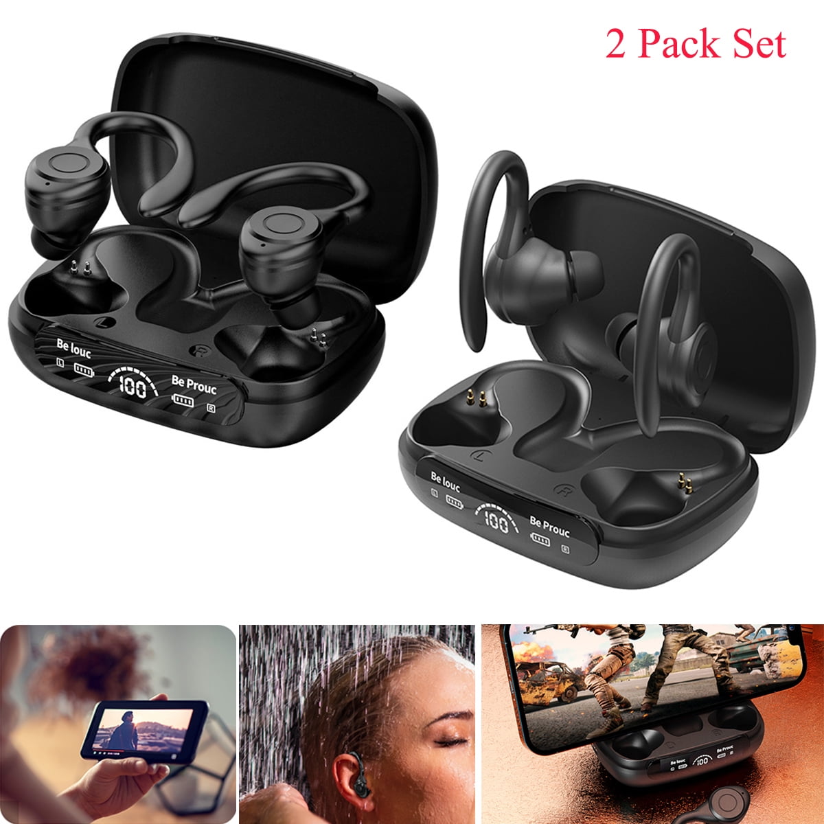 2 Pack Wireless Headset - Waterproof HiFi Stereo Wireless Earbuds ...