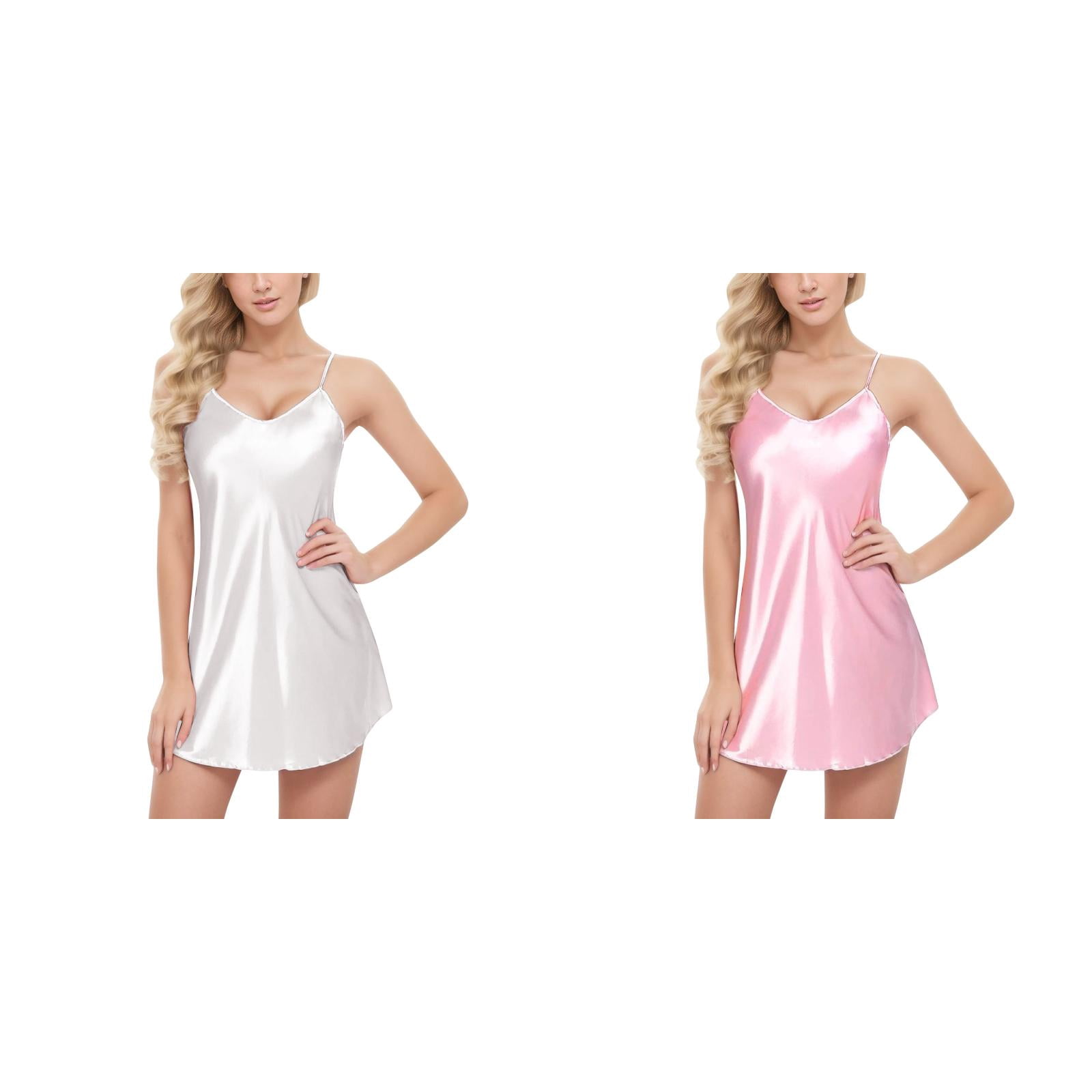 2-Pack,Women Cowl Neck Satin Mini Nightdress Silk Underwear Strap Dress ...