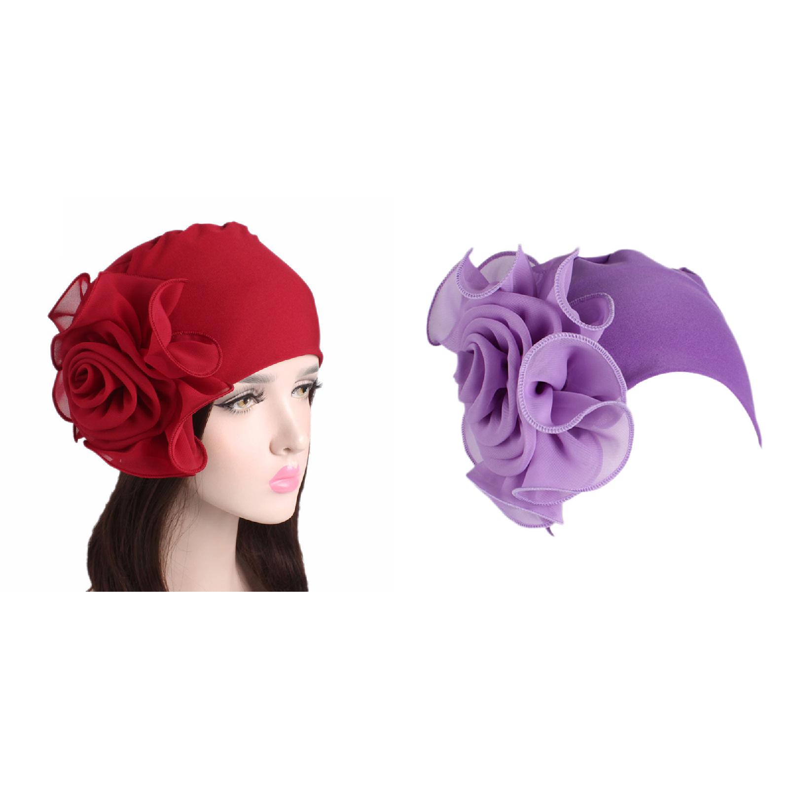2-Pack,Women Ladies Retro Big Flowers Hat Turban Hat Cap Pile Cap Nylon ...