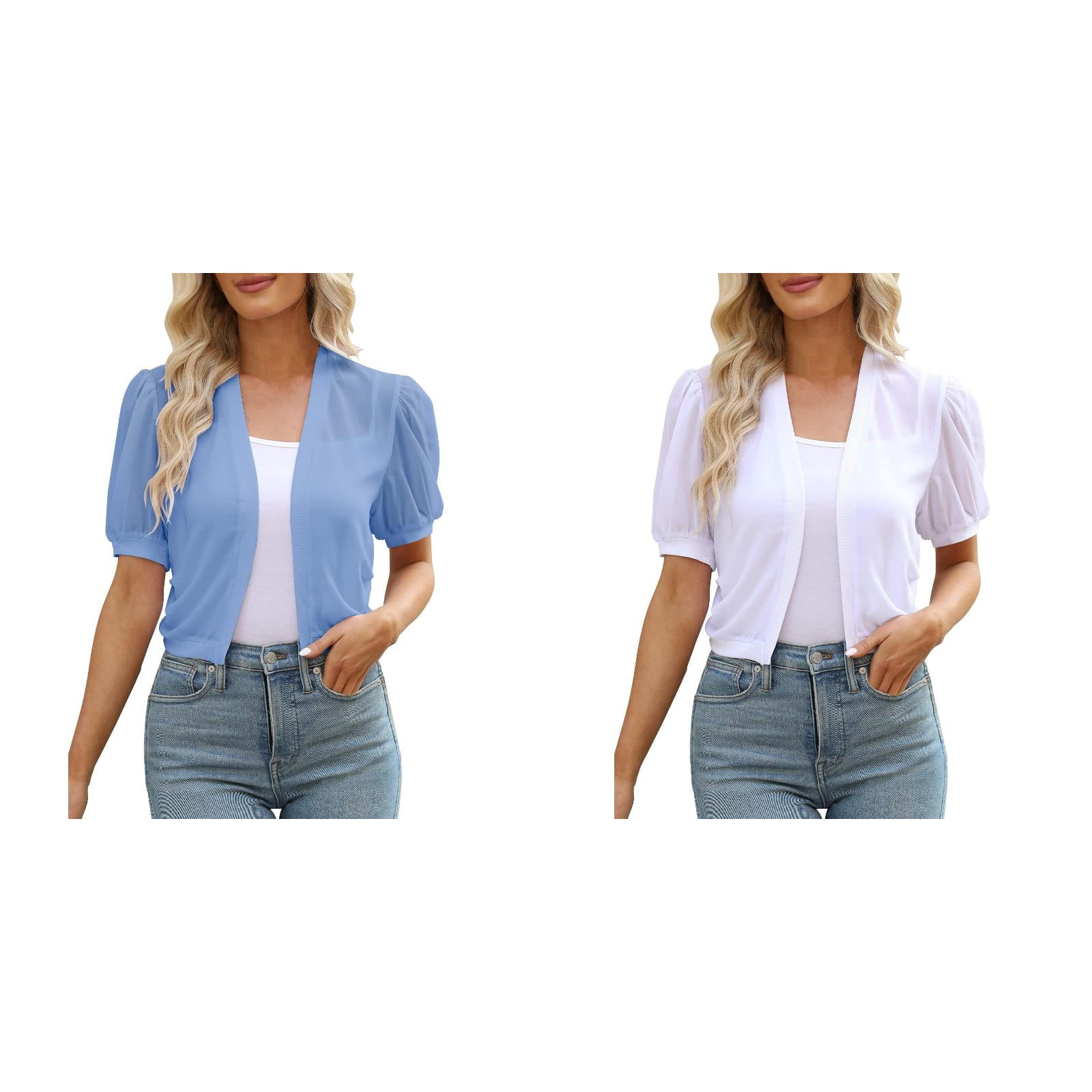 2-Pack,Women Puff Sleeve Bolero Open Front Summer Cropped Sheer Jackets ...