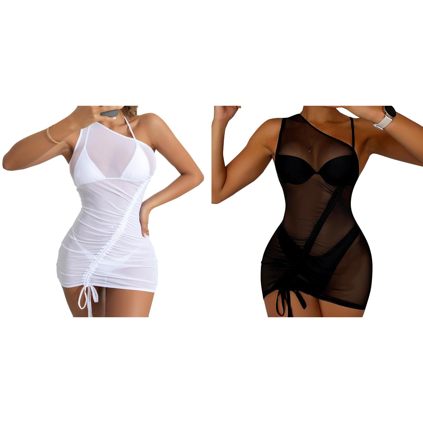 2-Pack,Women Ruffle Trim Sheer Beach Drawstring One Shoulder Cover Up Dress Cover Up Mini Dress ...