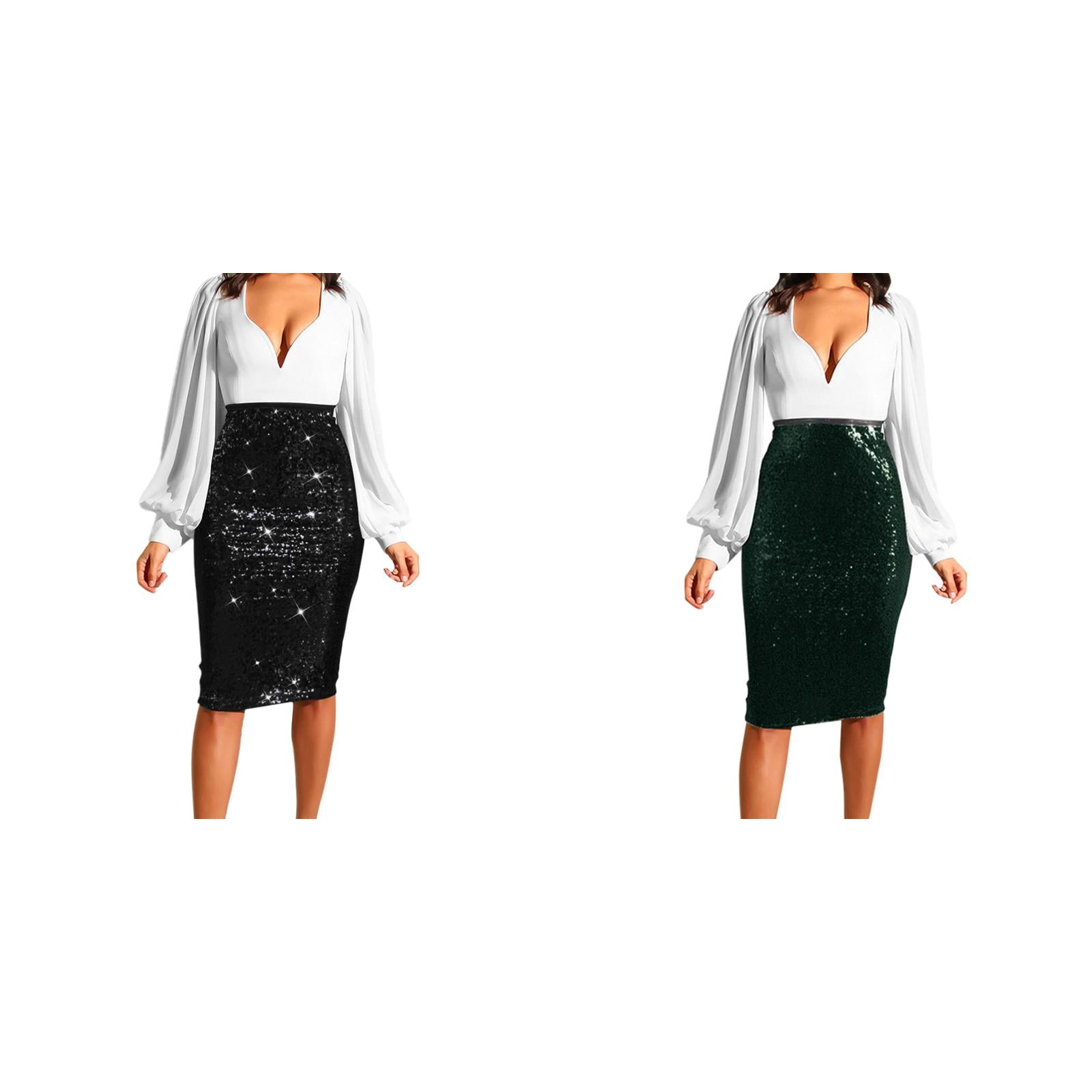 2-Pack,Women'S Solid Color Sequins Fashion High Waist Slim Casual Half ...