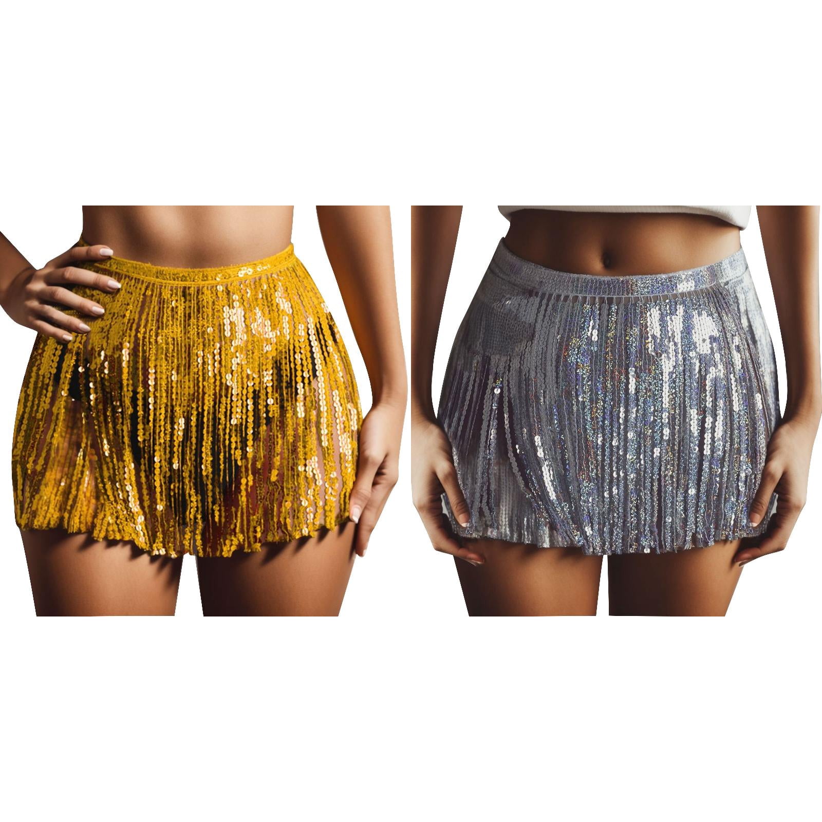 2-Pack,Women Short Sequin Fringe Cover Up Skirt Beach Wrap Bikini Shiny ...